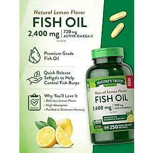Nature's Truth Burpless Fish Oil 2400mg | 250 Softgels | 720 mg Omega 3 | Natural Lemon Flavor Pills | Non-GMO & Gluten Free Supplement