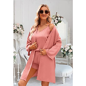 Aokosor Womens 3 Piece Silk Satin Pajamas Sets with Robe Baby Pink Loungewear Birthday Party Outfits L
