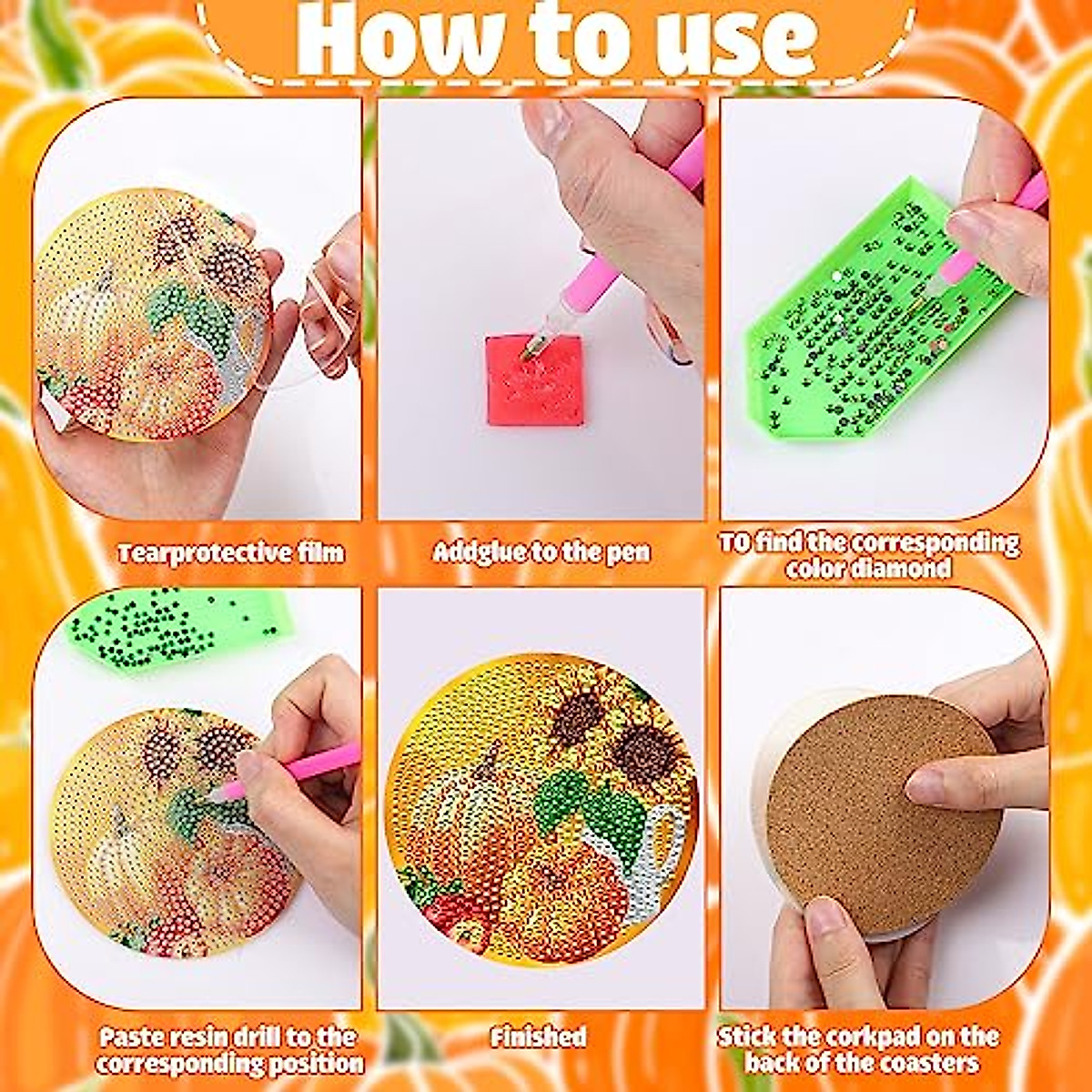 8 PCS Fall Diamond Painting Coasters Pumpkin Diamond Art Coasters 5D Full Drill Diamond Coasters Kit Thanksgiving Drink Cup Coaster Round with Cork Base Holder for Autumn Harvest Party Supplies