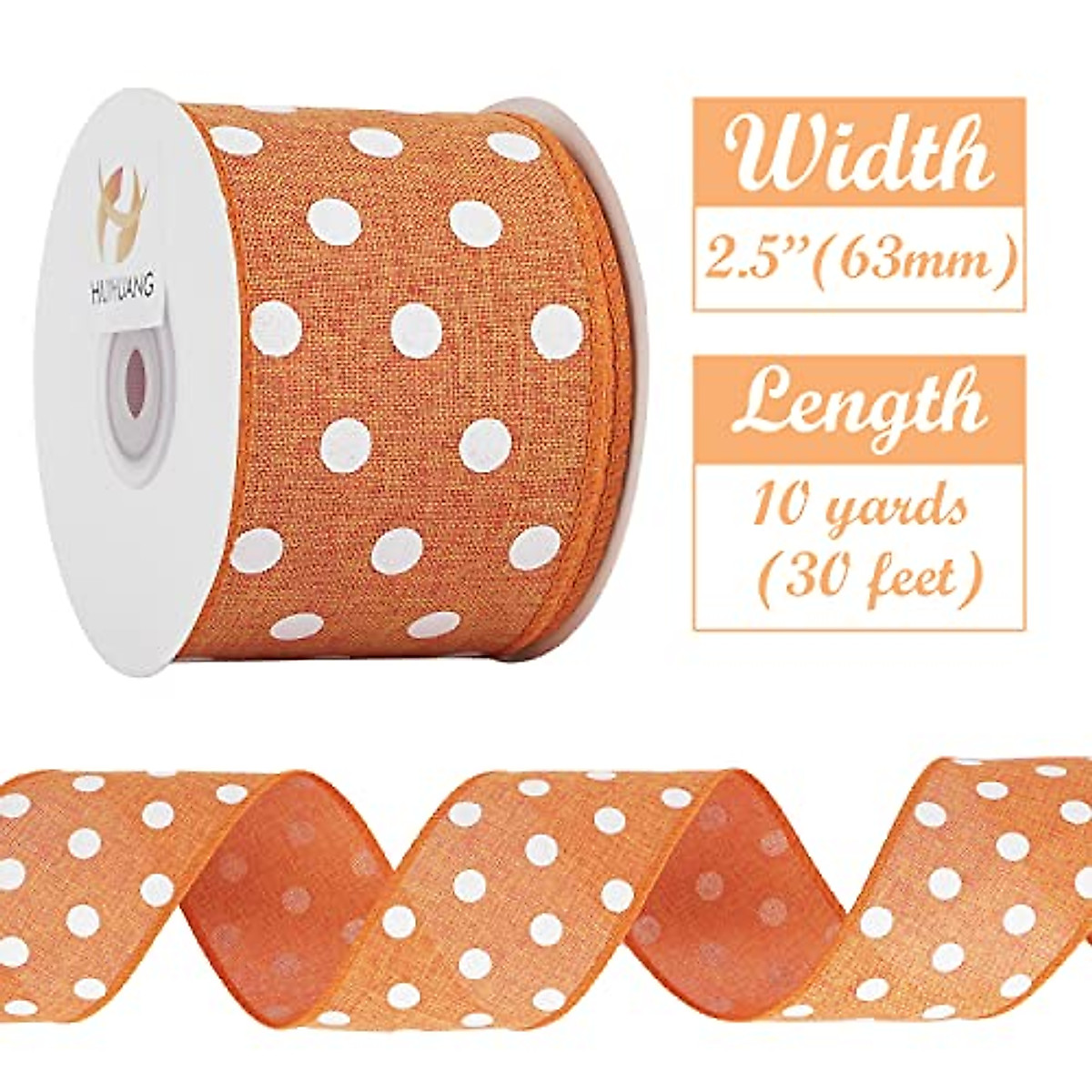 HUIHUANG Orange Polka Dot Wired Ribbon Orange and White Dot Ribbon Wired Edge Burlap Ribbon, 2.5 inch X 10 Yards Wreath Ribbon with Wire for Crafts Fall Wreath Supplies Gift Wrapping Basket Bows Decor