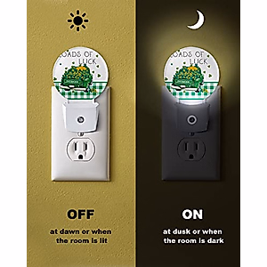 Lucky Truck St. Patrick's Day Night Lights Plug into Wall, Green Plaid Check Shamrock Auto Round LED Lights with Dusk to Dawn Sensor for Bedroom, Bathroom, Hallway, Kitchen, Kids, Home Decor