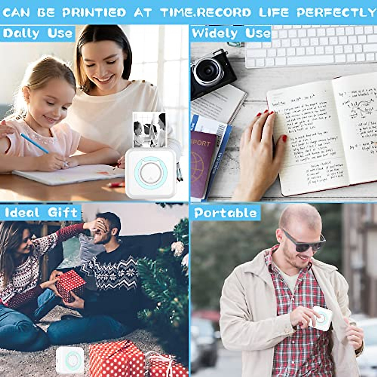 Portable Mini Printer, Pocket Bluetooth Thermal Printers with 7 Rolls Printing Paper for Smartphone, Inkless Printing Gift for DIY Label Receipt Photo Notes Study Home Office