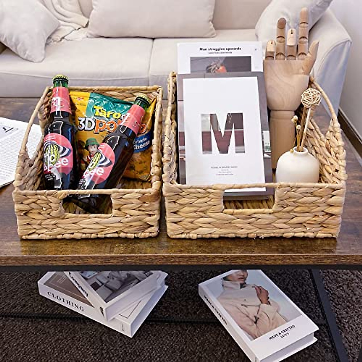 OUTBROS Water Hyacinth Wicker Storage Baskets, Hand-Woven Baskets with Handles, Nesting Wicker Basket Sets, Waterproof Woven Storage Baskets for Shelves, 3-Pack