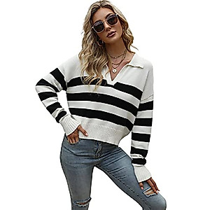 SHENHE Women's Casual Long Sleeve Knit Sweater V Neck Striped Pullover Jumper Tops White L