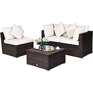HAPPYGRILL 4-Pieces Patio Furniture Set Rattan Wicker Conversation Set with Ottoman Outdoor Sectional Sofa Set with Cushion & Pillow for Garden Lawn Balcony Backyard