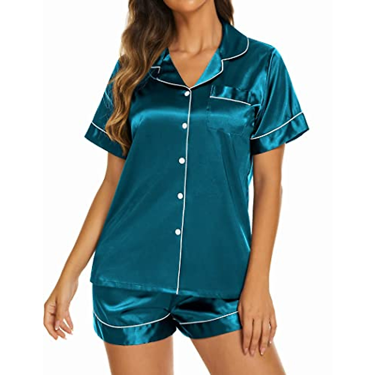 VickyBelle Womens Silk Satin Pajamas Set Two-piece Pj Sets Sleepwear Loungewear Button-Down Pj Sets(XL, Green)