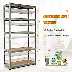 Tangkula Metal Storage Shelves, Heavy Duty Steel 5 Tier Utility Shelves with Adjustable Shelves, Bolt-Free Assembly, High Weight Capacity, Garage Organization Storage Rack, 36" Lx16''Wx72 H (1, Grey)