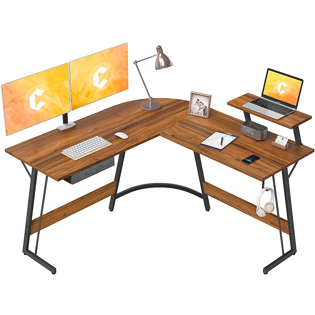 CubiCubi L Shaped Desk, Computer Corner Gaming Desk with Large Monitor Stand, 51.2" Home Office Writing Table, Workstation with Storage Drawer, Space-Saving, Walnut