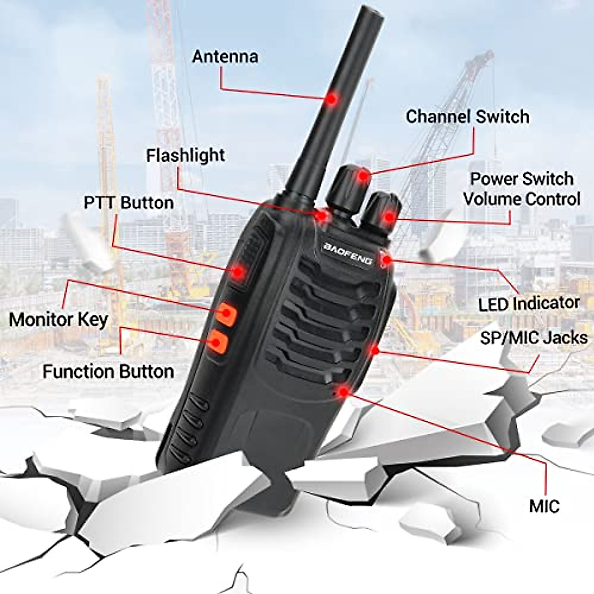 Walkie Talkies for Adults - Baofeng Long Range Walky Talky FRS Walkie Talkie Rechargeable Two Way Radio USB Charger- 16 Channels-Flashlight - Earpiece - Rechargeable Li-ion Battery(Include) - 2 Pack