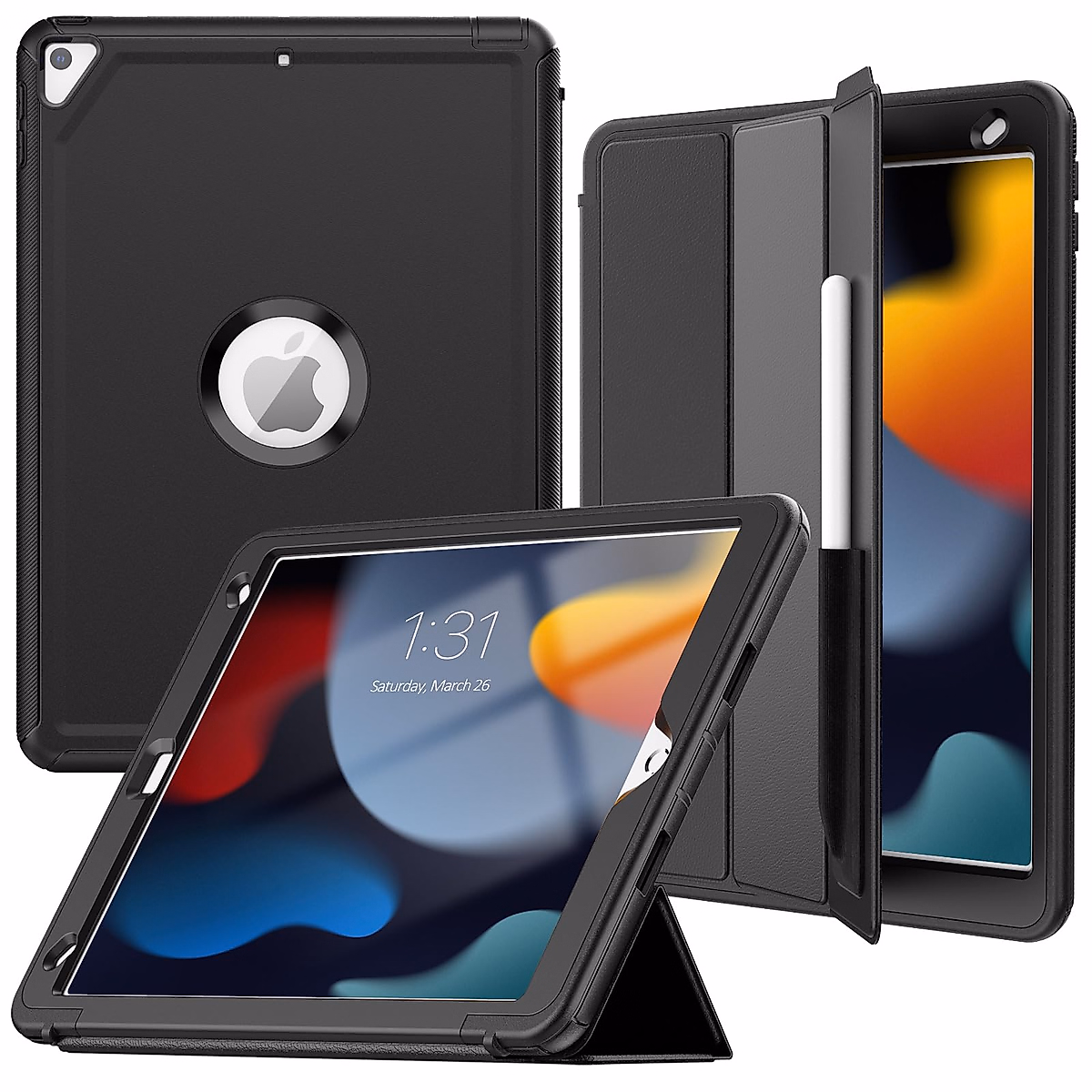 Timecity Case for iPad 9th Generation 10.2 inch 2021, Case for iPad 8th/ 7th Gen 2020/2019, Durable Protection Case with Pencil Holder Folding Stand Smart Cover Auto Sleep/Wake - Black