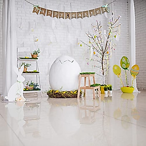 Happy Easter Burlap Banner Garland - Bunny Rabbit & Fluffy Tail Design - Ready to Hang Wall Decor - Complete with Hanging Ribbon Decoration - by Jolly Jon