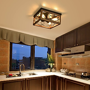 veilond Flush Mount Ceiling Light, Farmhouse Light Fixtures with Solid Wood Shade, 4-Light Kitchen Lights Ceiling, Rustic Ceiling Light Fixture Vintage Ceiling Lamp for Hallway Entryway Bedroom