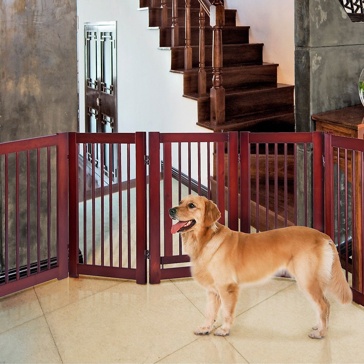 Giantex Freestanding Pet Gate with Door, 30inch 6 Panels Wooden Dog Gate with Walk Through Door, Foldable Pet Safety Puppy Fence Adjustable Pen for House Doorway Stairs