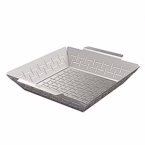 Cave Tools Vegetable Grill Basket - Large Non Stick BBQ Grid Pan for Vegetables, Meat, Fish, Shrimp, & Fruit - Dishwasher Safe Stainless Steel - BBQ Grill Accessories