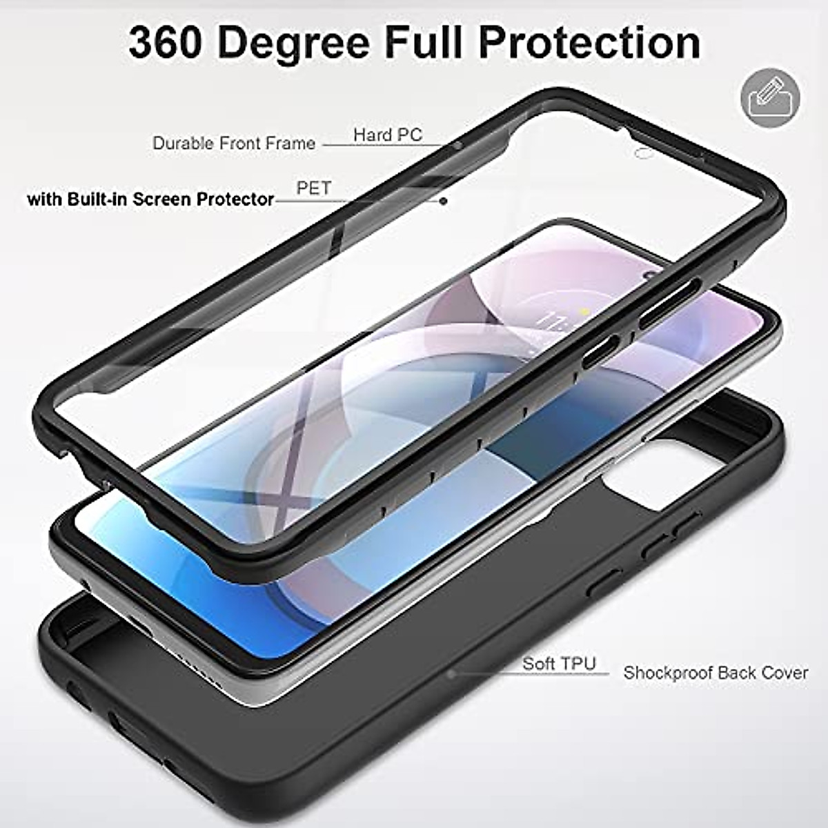 V/A for Motorola One 5G Ace Case with Built-in Screen Protector, Full Body Protection Shockproof Cover Case, [Rugged PC Front Bumper + Soft TPU Back Cover] Armor Protective Phone Case (Black)