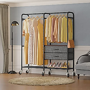 Timate P4 Rolling Clothes Rack for Hanging Clothes Portable Freestanding Garment Rack with Lockable Wheels, Heavy Duty Clothing Rack with Storage Drawers hanging Rods side Hooks Wire Shelves, Black