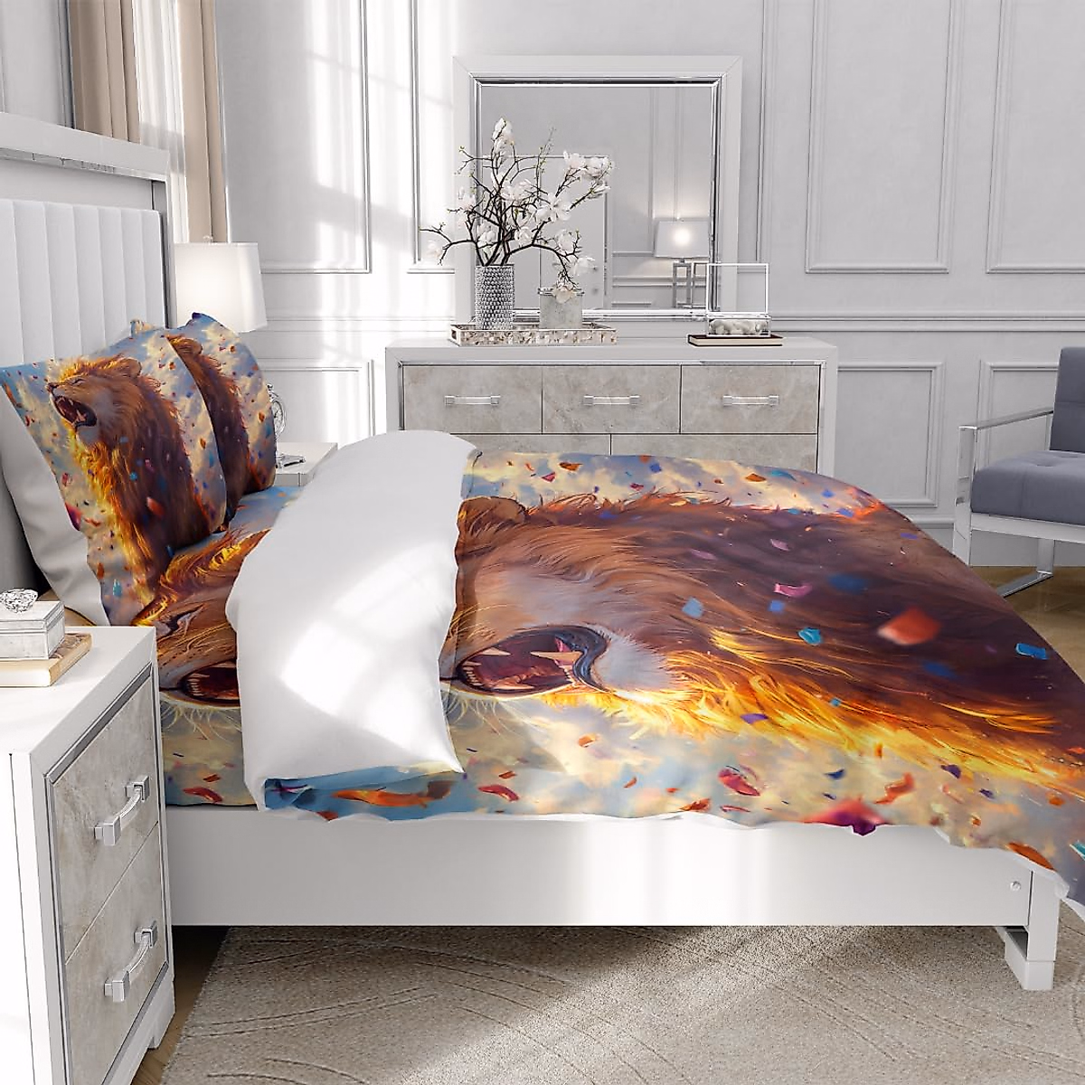 ZAJIO 3D Printed Lion Bedding Twin Duvet Cover Set Roaring Lion Comforter Cover Wild Animal Bedspread Cover 1 Quilt Cover with 2 Pillow Cases(No Comforter)