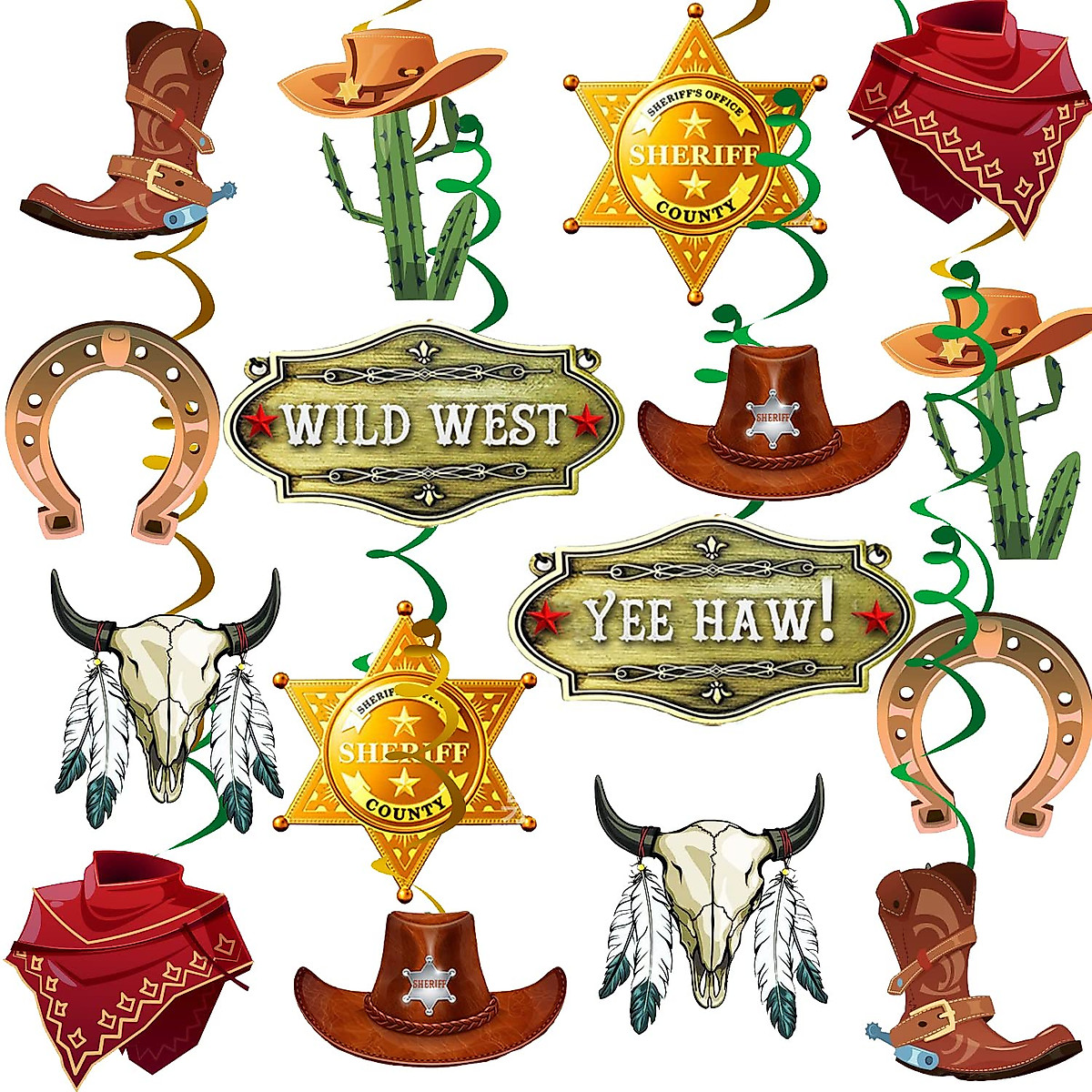CINRAY Western Cowboy Birthday Decoration, 8x6 inches, Brown, 16 Hanging Swirls for Party Favors Supplies
