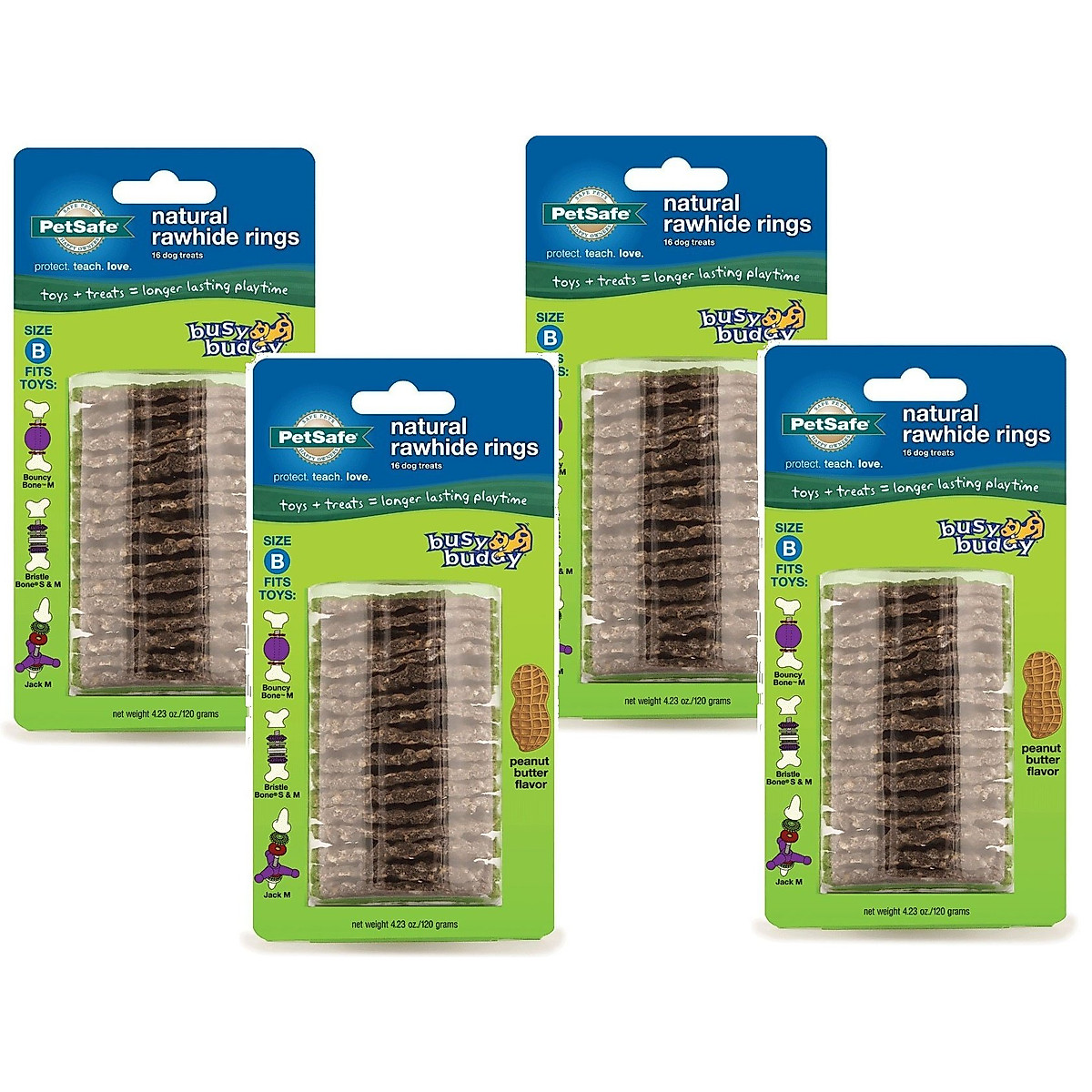 PetSafe (4 Pack) Busy Buddy Refill Ring Dog Treats for select Busy Buddy Dog Toys, Peanut Butter Flavored Natural Rawhide, Size B