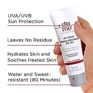 EltaMD UV Sheer SPF 50+ Face and Body Sunscreen Lotion, Water Resistant Sunscreen with Zinc Oxide, Broad Spectrum Mineral-Based Sun Protection, Non-Greasy, Lightweight, Oil Free Sunscreen, 1.7 oz Tube