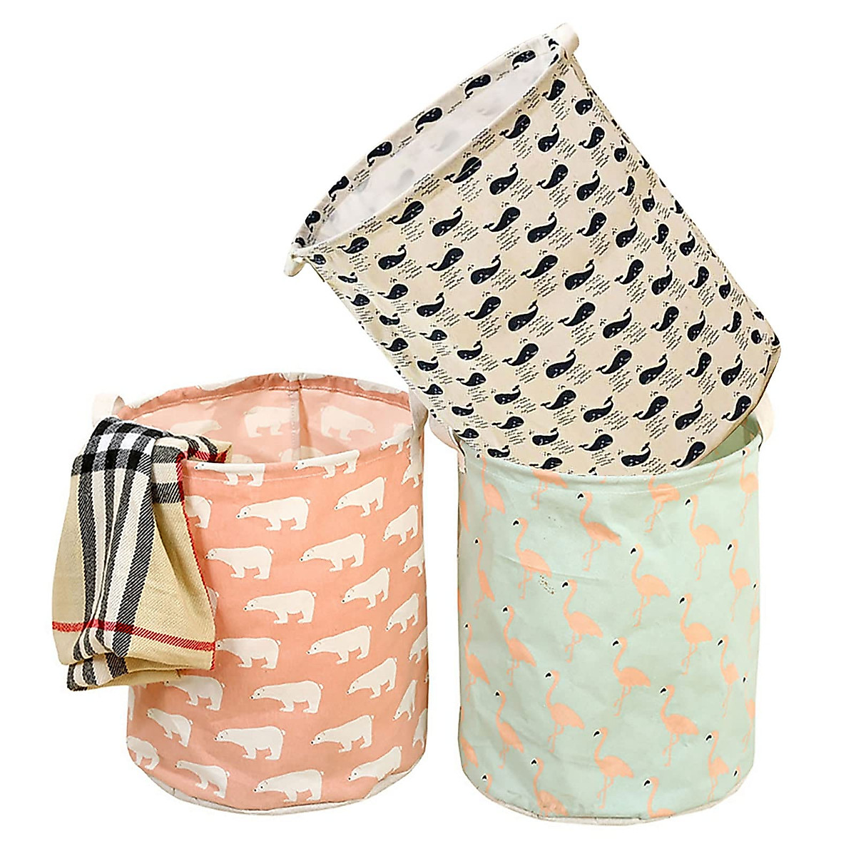 2 PCS Double Laundry Basket Organizer for Kids, Cotton Linen Foldable Tall Nursery Carrier Storage Basket with Handles, Waterproof Hampers for Clothes, Home, Baby, Boys, Dorm(Whale)