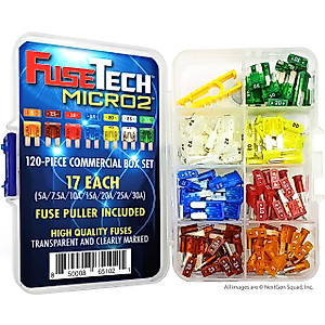 FuseTech Micro2 APT ATR 120 Piece Automotive Commercial Car Fuse Assortment (119 Blade Fuses + Fuse Puller) 5A 7.5A 10A 15A 20A 25A 30A