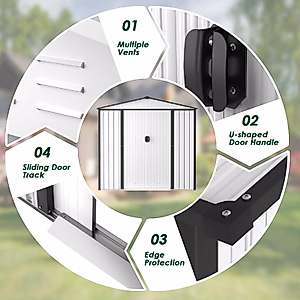 Patiomore 4x6 FT Outdoor Storage Shed Double Sloping Roof Garden Shed, Metal Shed Kit with Double Doorknobs and Air Vents Galvanized Metal Storage Shed with Sliding Door, White