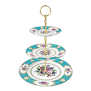 fanquare 3 Tier Porcelain Cake Stand, Blue Vintage Cupcake Stand, Display Tower Tray for Party, Birthday, Wedding