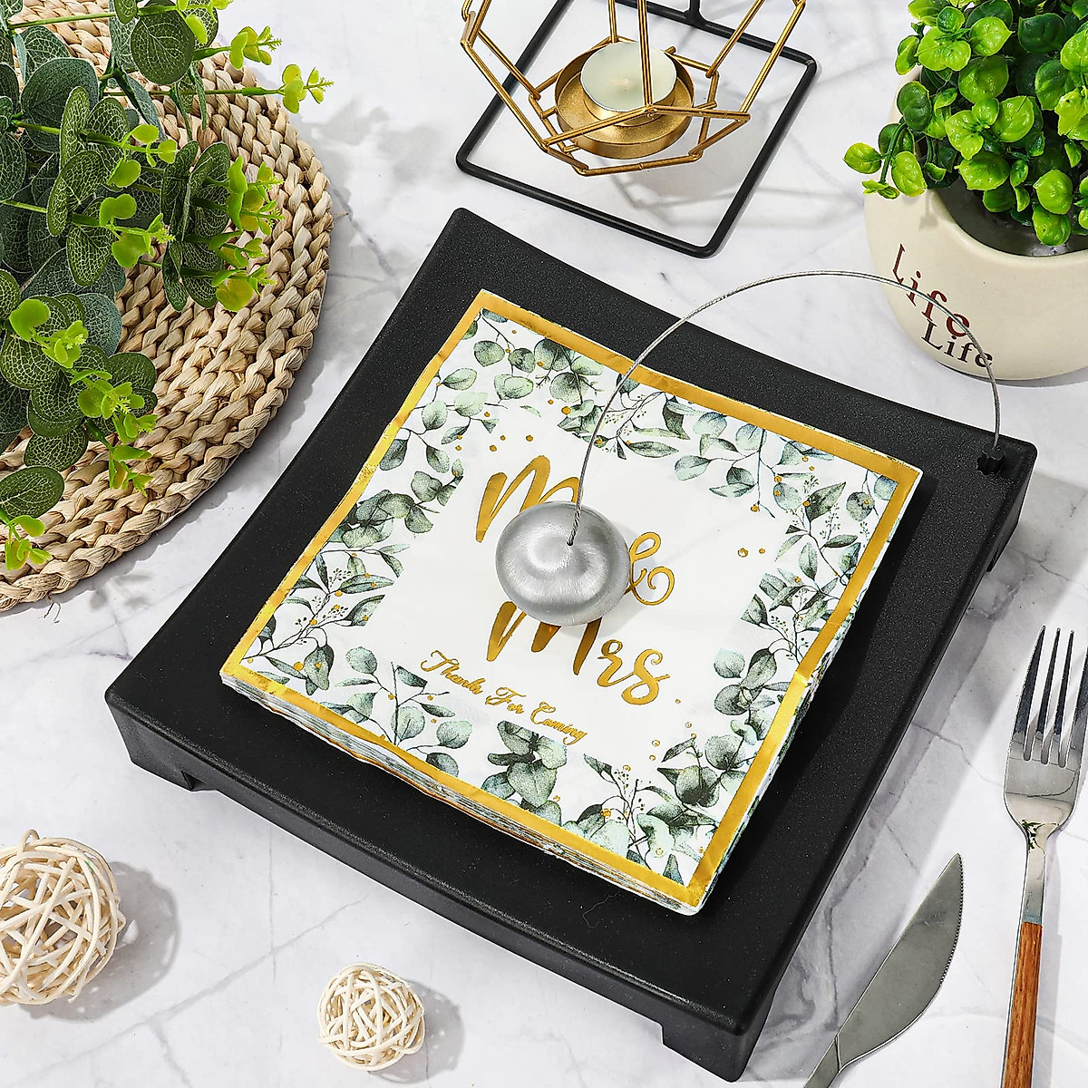 AnyDesign 100 Pack Wedding Napkins 6.5 Inch Greenery Foil Gold Mr & Mrs Luncheon Napkins Eucalyptus Leaves Disposable Decorative Dinner Paper Napkins for Bridal Shower Engagement Wedding Party