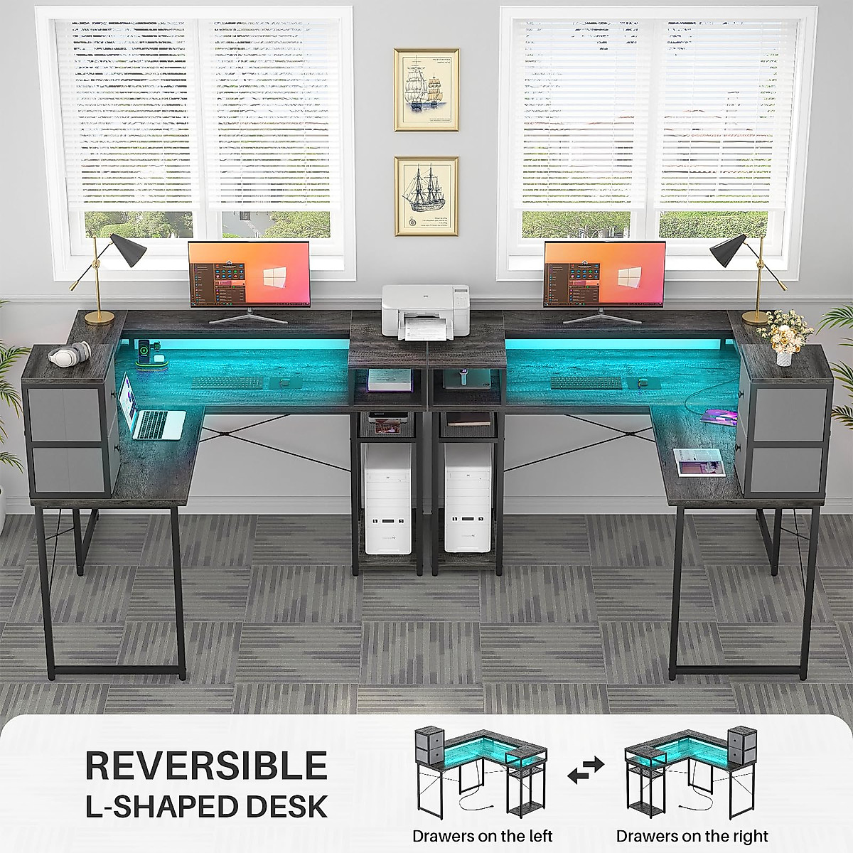 armocity L Shaped Desk with Drawers, Reversible Corner Computer Desk with LED Light & Power Outlet, 50'' L-Shaped Gaming Desk with Long Monitor Shelf, Home Office Desk for Small Corner Space, Grey