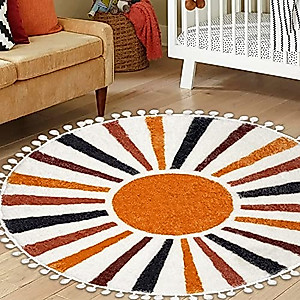 Molili Sun Boho Area Rug for Bedroom 4ft, Modern Abstract Round Nursery Rugs for Kids Room Washable Soft Circle Non-Slip Floor Rugs for Living Room Laundry Room Bathroom Home Dorm Entryway