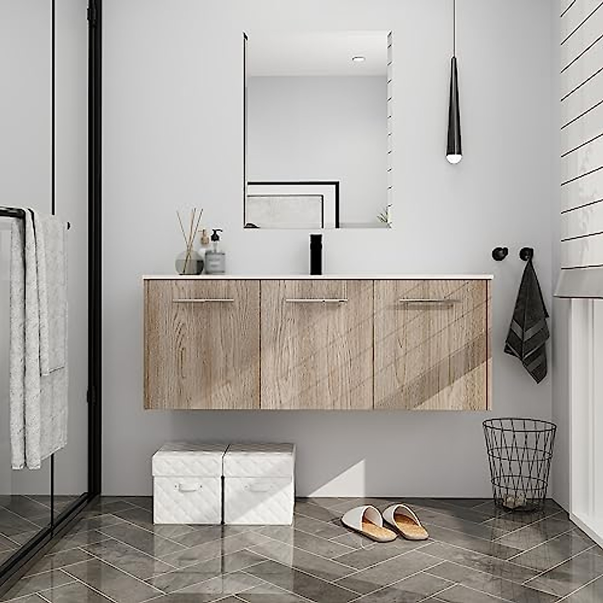48" Large Wall Mounted Bathroom Vanity Cabinet with Sink Top Combo Set, Single Floating Bathroom Vanity Set with Basin Sink, Hanging Bath Cabinet with Soft Closing Doors