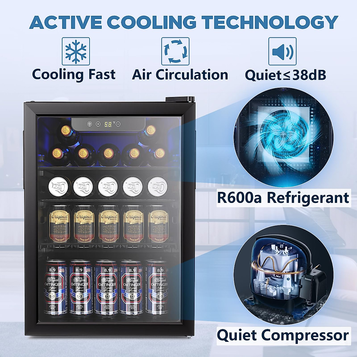 Joy Pebble Beverage Refrigerator Cooler,95 Can Mini Fridge with Glass Door for Beer Soda Wine, Small Drink Fridge with Adjustable Thermostat, Beverage Fridge for Bar Home Office,2.6Cu.Ft