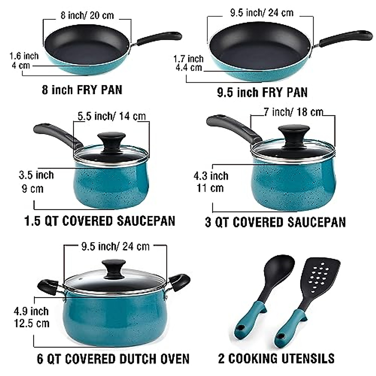 Cook N Home Pots and Pans Nonstick Cookware Set 10-Piece, Belly Shape Kitchen Cooking Set with Frying Pans and Saucepans, Induction Compatible, Turquoise