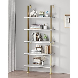 pickpiff Ladder Shelf Bookcase 5 Tier, Extra Sturdy Modern Bookshelf Wall Mounted, Tall Standing Open Shelf White and Gold, Industrial Metal Frame with Wooden Shelf