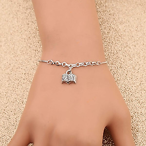 QIIER Book Lover Gift Book Pendant Slider Bracelet Reading Jewelry Bookworm Gift Librarian Gift (silver)