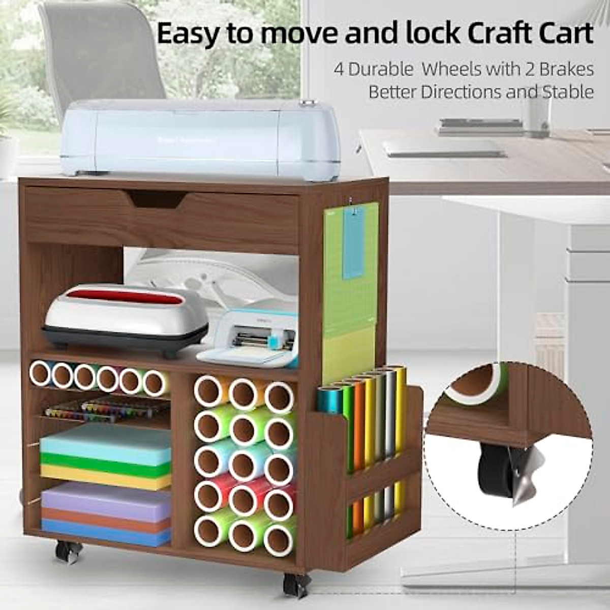 Storage Cart Organizer Compatible with Cricut Machines,Rolling Craft Cart with Extra 12 Vinyl Roll Holders,Crafting Organizer Desk Cabinet Workstation for Craft Room Home