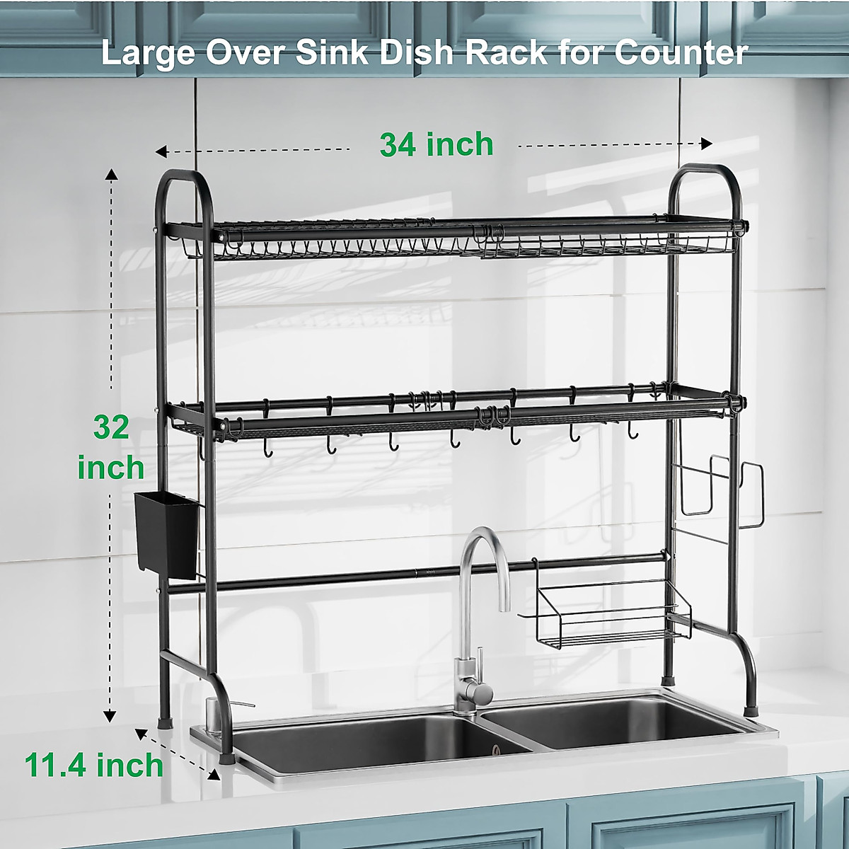GSlife Over The Sink Dish Drying Rack Stainless Steel 2 Tier Dish Rack Above Kitchen Sink Shelf Durable Dish Drainer, Black