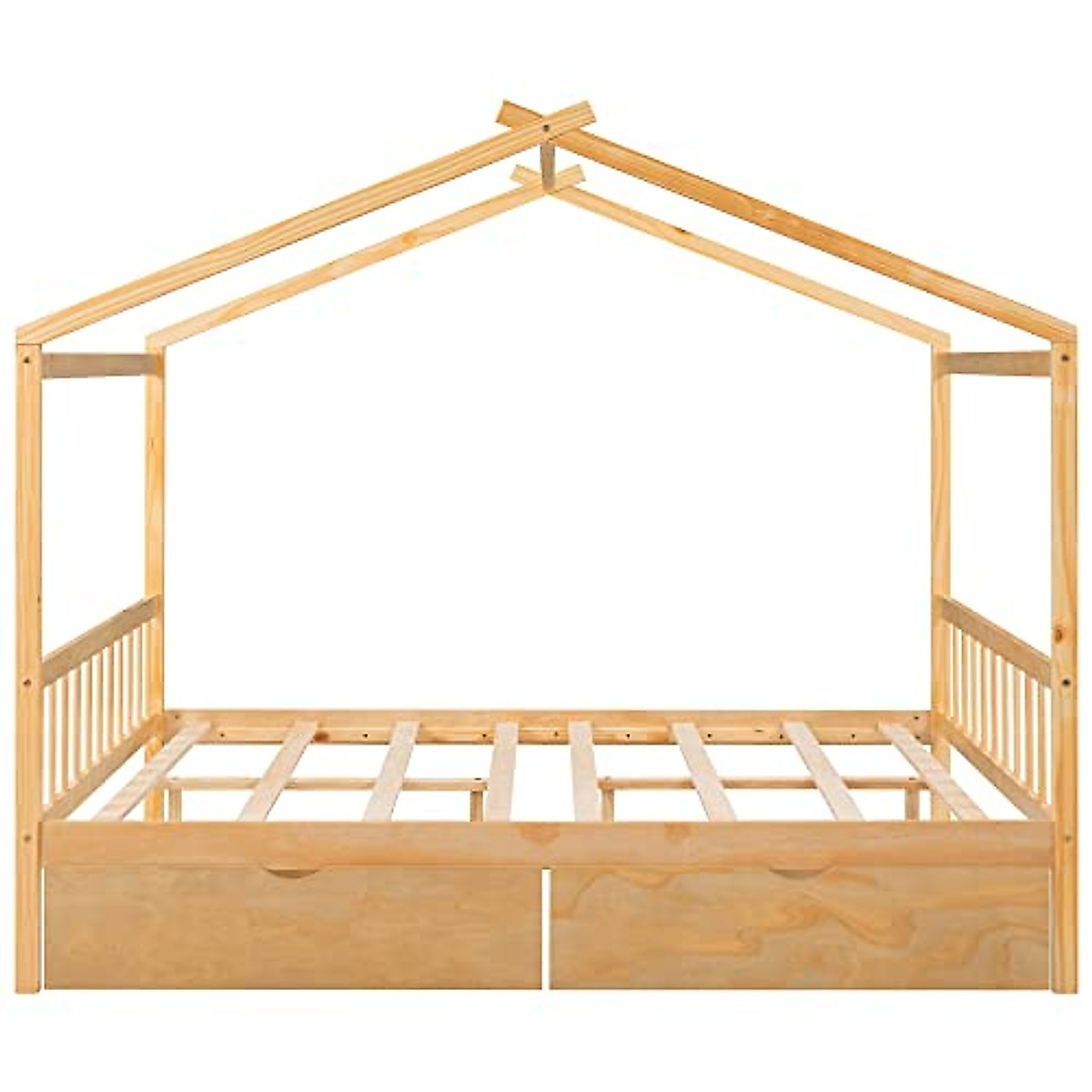 RUNWON Full Size House Platform Bed with Two Drawers,Headboard and Footboard,Roof Design for Kids Adults Bedroom