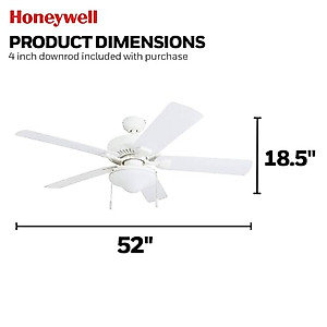 Honeywell Ceiling Fans Belmar 52 Inch Ceiling Fan With Light, Indoor/Outdoor Ceiling Fan with Pull Chain, LED Tri-Mount 5 Blade Design, ETL Damp Rated, White (50513-01)