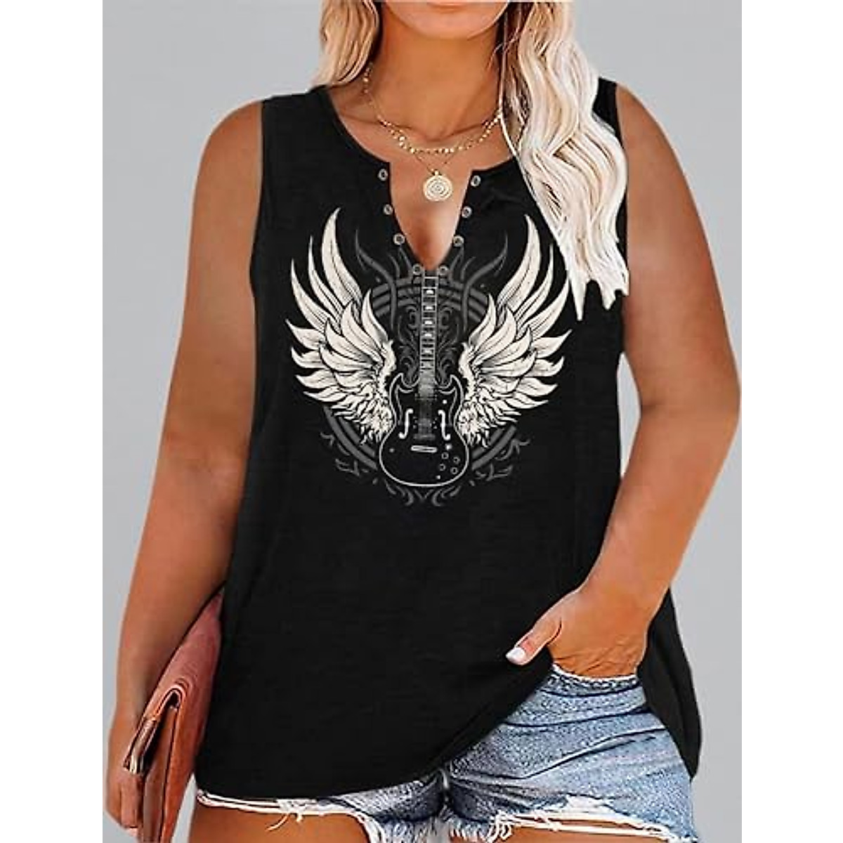Guitar Wings Tank Tops for Women Retro Country Music Shirt Rock Guitar Graphic Tees Casual V Neck Sleeveless Vest Cami (XL, Plus Size Black)