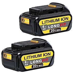 LONG FIT 2 Packs Replace for DeWalt 20v Battery 6.0Ah (DCB206), Replace for DeWalt Battery 20V Max DCB205-2 DCB206 DCB180 DCB204 DCB203 DCB20, Compatible with DeWalt 20V Cordless Power Tools