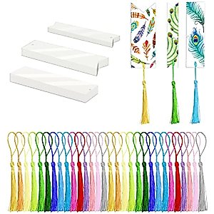ECam 30 Pcs Acrylic Bookmark Blanks, Clear Acrylic Bookmarks with Colorful Tassel, 3 Styles Acrylic Book Markers, DIY Acrylic Bookmarks, Transparent Bookmarks, 15 Color of Tassels/ Total 30 Pcs