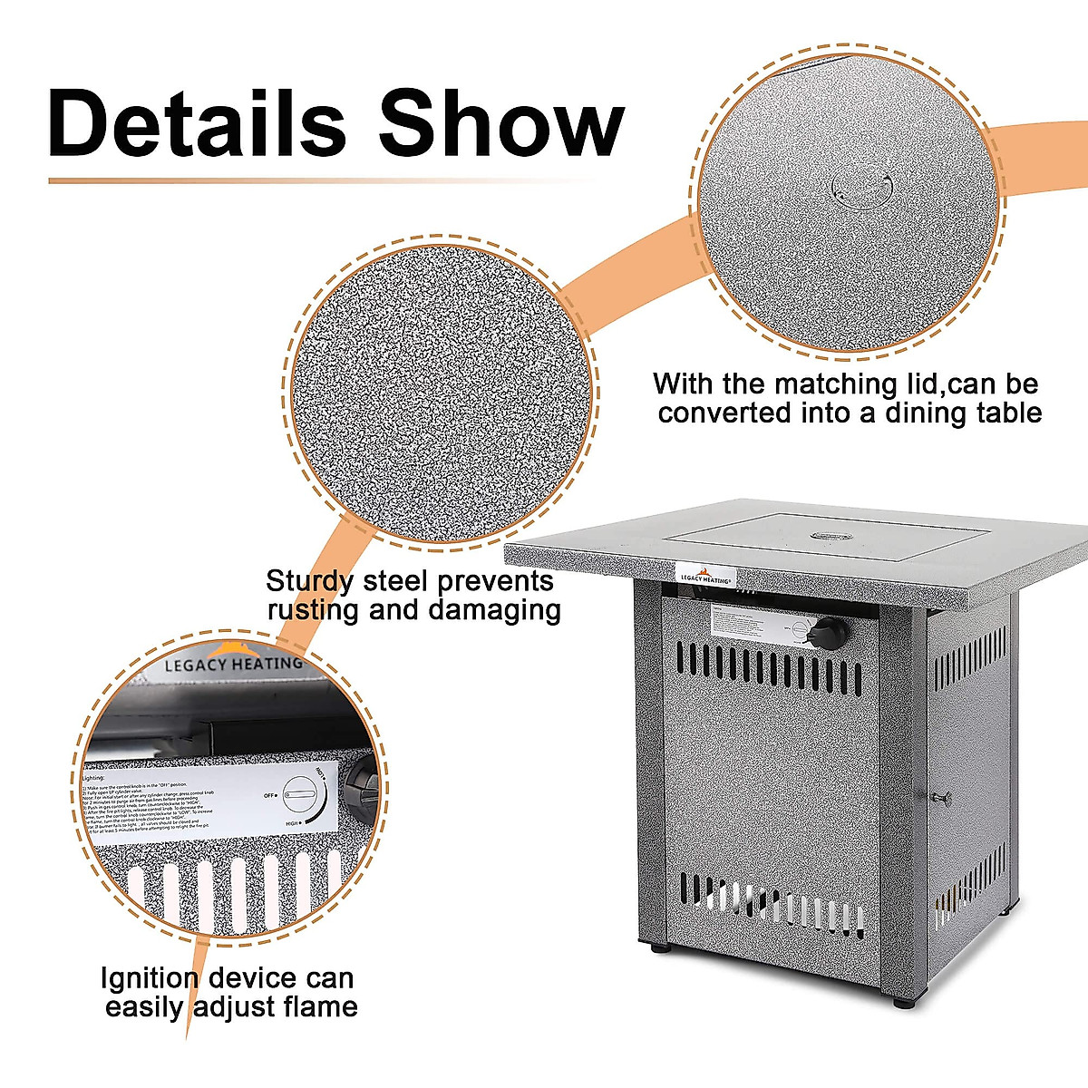 LEGACY HEATING 28" Propane Fire Pit Table, Gas Fire Pits for Outside Patio, Gas Fireplace, 50,000 BTU 28" Square Fire Table with Lid and Lava Rock, Silver