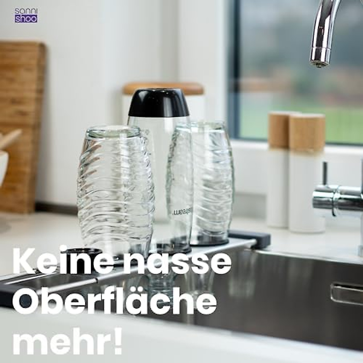 Sanni Shoo Drip.it+ | Stainless Steel Kitchen Sink Caddy | Bottle Holder for 3 Bottles with Protective Silicone Rings | Compatible with Sodastream Aqua Fizz and Other Bottles | Drainer & Organizer