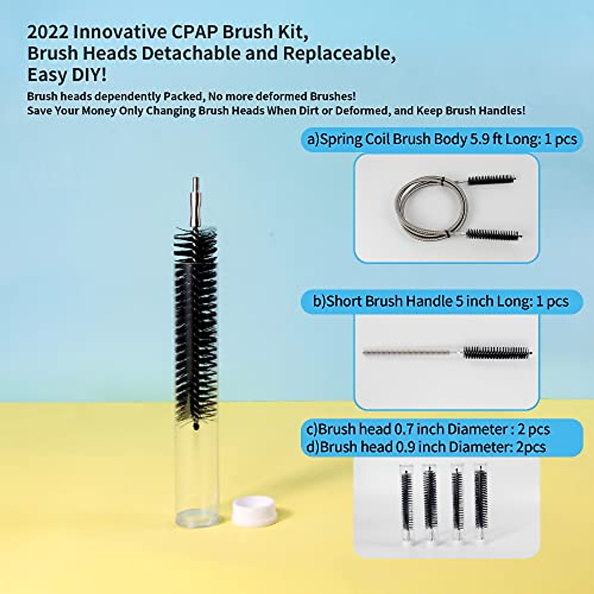 JAKIA CPAP Hose Tube Cleaning Brush Kit_4 Brush Heads Detachable and Replaceable_ 7 ft Steel Spring Brush Strong and Flexible