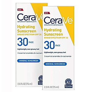CeraVe 100% Mineral Sunscreen SPF 30 | Face Sunscreen With Zinc oxide & Titanium Dioxide for Sensitive Skin | 2.5 Fl Oz, Pack Of 2
