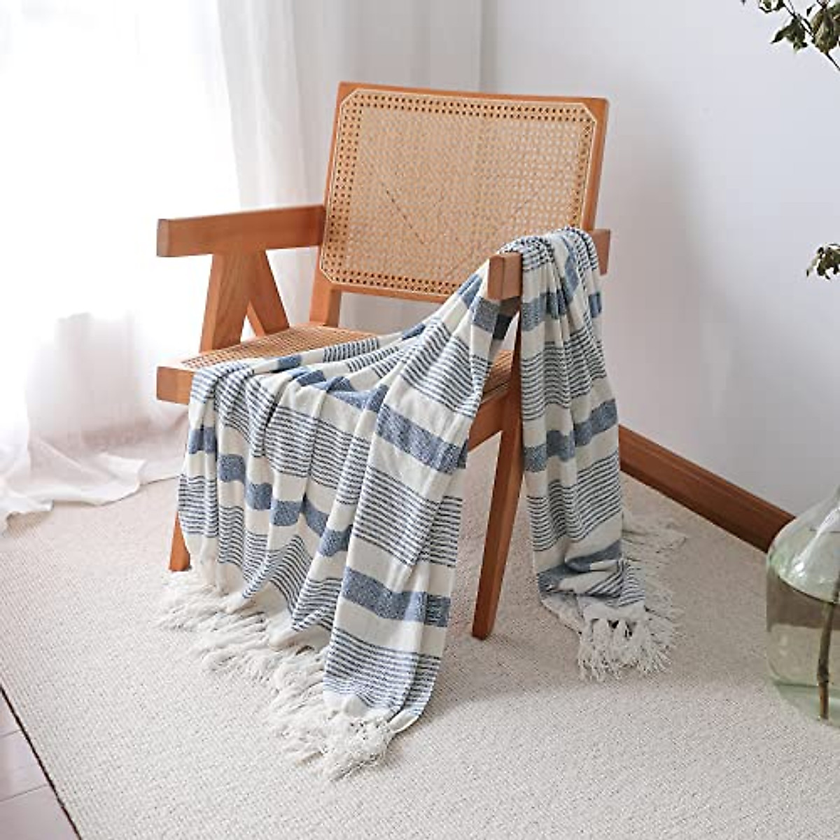 Boho Farmhouse Woven Navy and Ivory Chenille Throw Fringe 50 x 60 Blanket Blue and White Striped, Velvety Decorative Textured Throw, Soft Cozy Blanket with Tassels for Couch, Bed, Sofa, Office