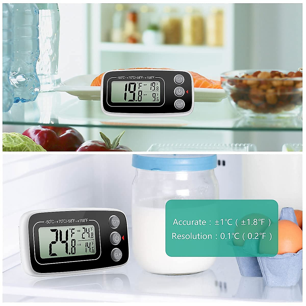ORIA Refrigerator Thermometer, Digital Freezer Fridge with Thermometer Max and Min Display for Room, Refrigerator, Kitchen, Large LCD Display, 2 Pack, Black