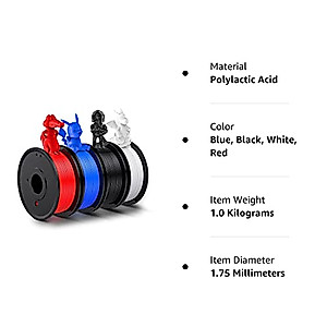 HZHNS PLA 3D Printer Filament, 1.75mm 3D Printing Consumables Bundle 1KG/2.2lb, 0.25KG/Spool 4 Colors Pack - Blue, Black, White, Red